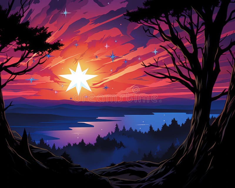 A Painting of a Sunset with Trees and a Star in the Sky Stock ...
