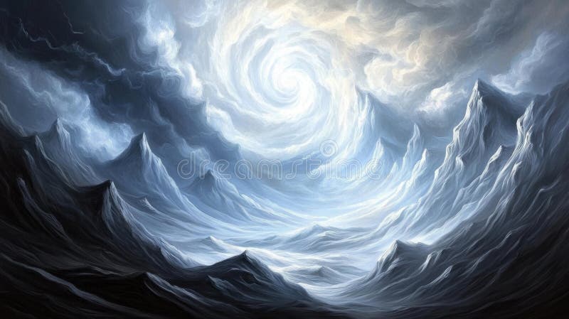 A Painting of a Swirling Vortex in the Sky with Mountains, AI Stock Photo - Image of water, blue ...