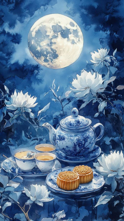 Painting of a Tea Set with a Full Moon and Starry Night Background in a ...