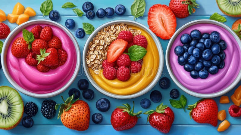 A Painting of Three Bowls Filled with Different Colored Yogurt, AI ...