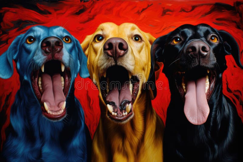 A Painting of Three Dogs with Their Mouths Open Stock Photo - Image of ...