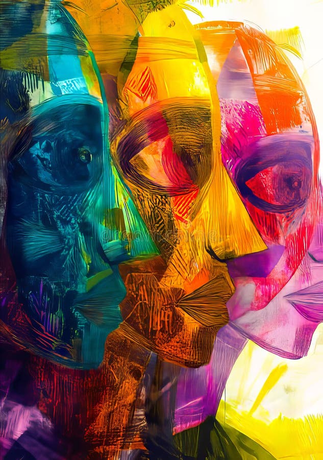 A Painting of Three Faces in Different Colors Stock Photo - Image of ...