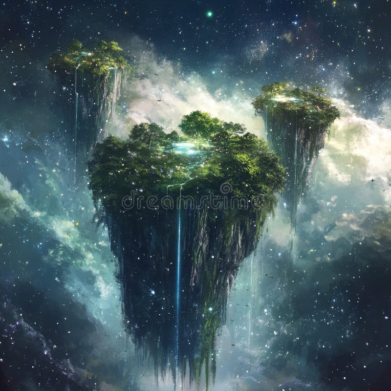 A Painting of Three Islands with Trees and Waterfalls Stock ...