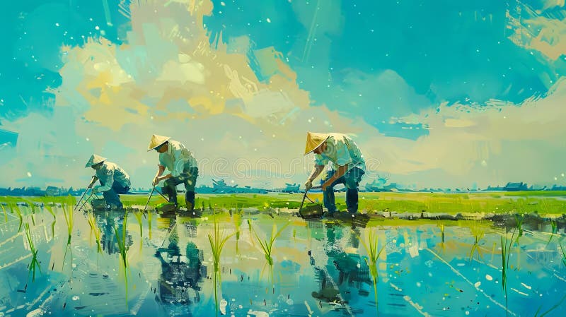A Painting of Three Men Working in a Rice Field Stock Photo - Image of ...
