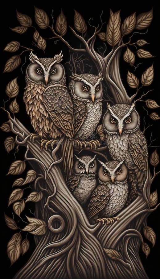 Three Owls Sitting on a Tree Branch in a Black Background Stock ...