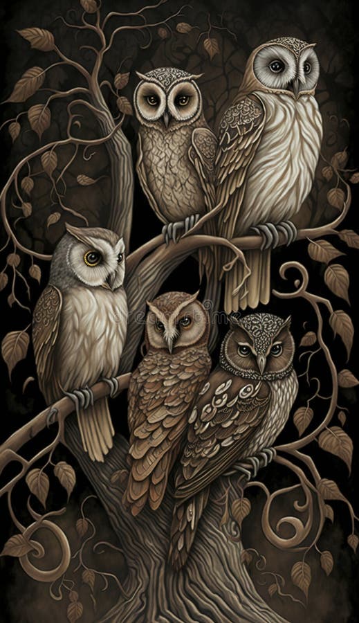 A Painting of Three Owls Sitting on a Tree Branch with Leaves Stock ...