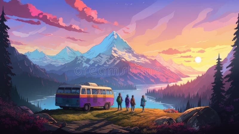 A Painting of Three People Standing in Front of a Van Stock ...