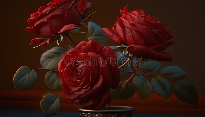 A Painting of Three Red Roses in a Vase on a Table Stock Illustration ...