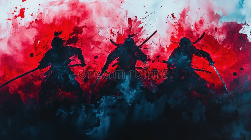 A Painting of Three Samurai Warriors in a Red and Blue Color Scheme, AI ...