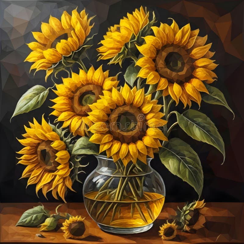 A Painting of Three Sunflowers in a Vase, Yellow Sunflowers. Stock ...