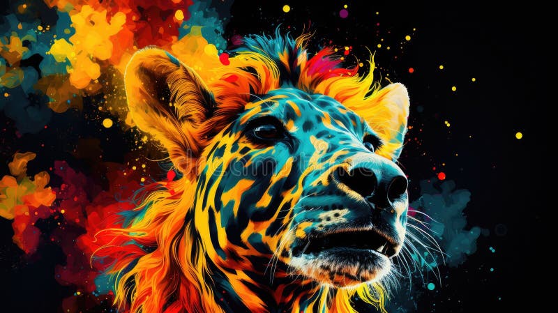 A Painting of a Tiger S Face with Multi - Colored Paint Splatters on it ...