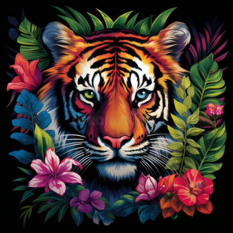 A Painting of a Tiger Surrounded by Flowers Stock Image - Image of ...
