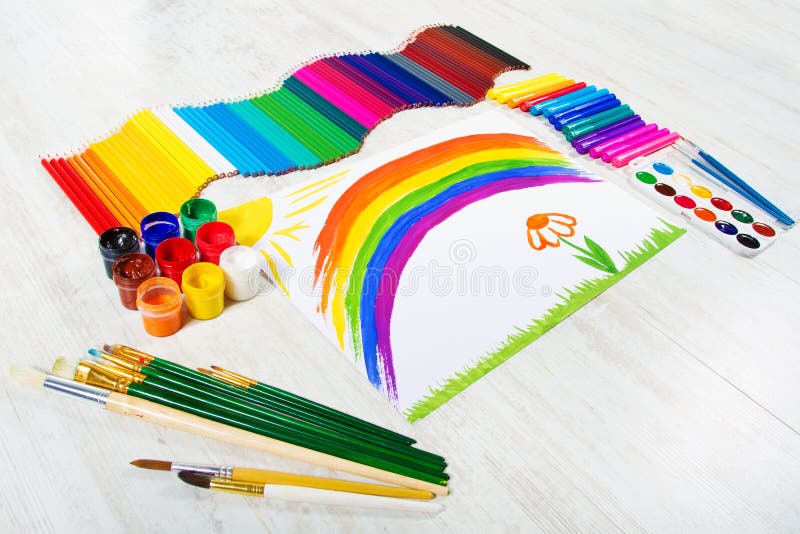 Painting Tools, Child Drawing Rainbow. Creativ Stock Image - Image of ...