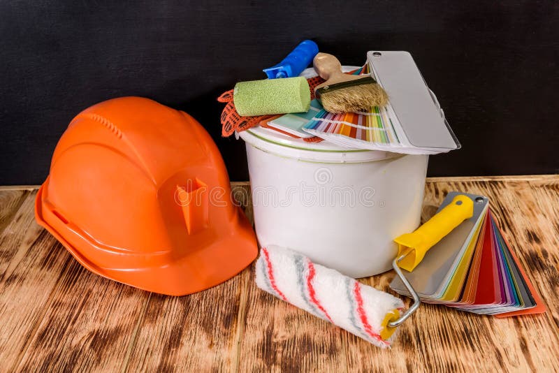 Painting Tools with Swatch on Wooden Table Stock Photo - Image of ...