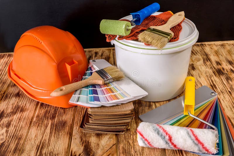 Painting Tools with Swatch on Wooden Table Stock Photo - Image of ...
