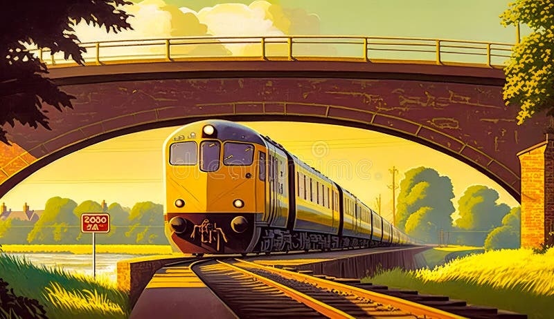 Painting of Train Going Under Bridge. Generative AI Stock Image - Image ...