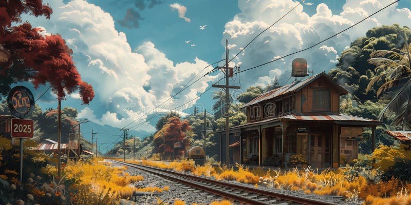 A Painting of a Train Station Nestled in a Forest Setting Stock Image ...