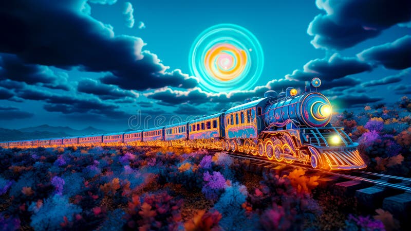 Painting of Train on Train Track with Full Moon in the Background ...