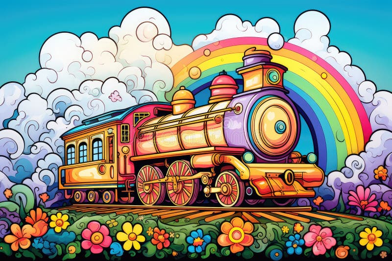 A Painting of a Train on a Train Track with a Rainbow in the Background ...