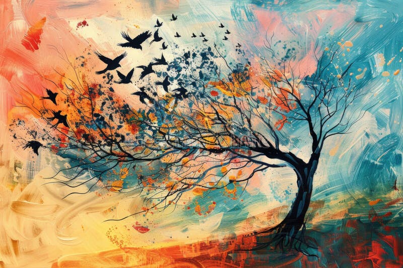 A Painting of a Tree with Birds Flying Around it. Suitable for Nature ...