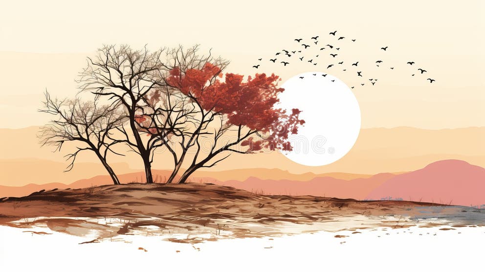 A Painting of a Tree with Birds Flying Over it Stock Illustration ...