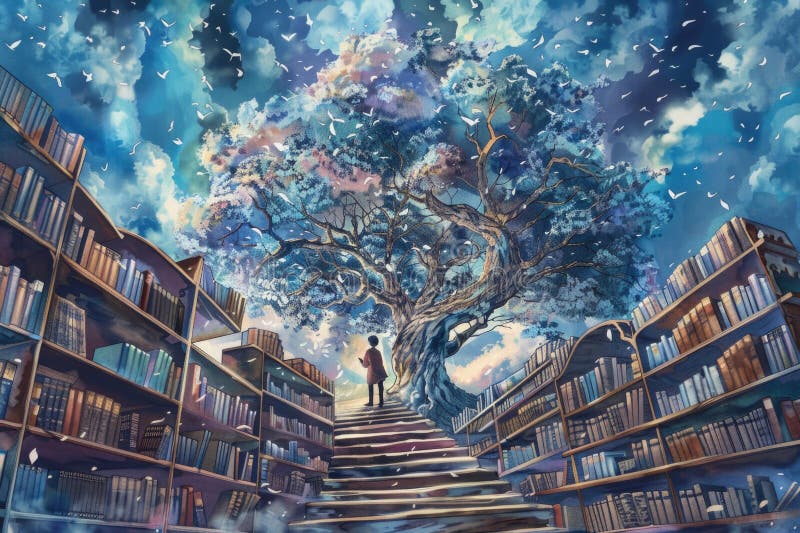 A Painting of a Tree Inside a Library with Bookshelves and Reading ...