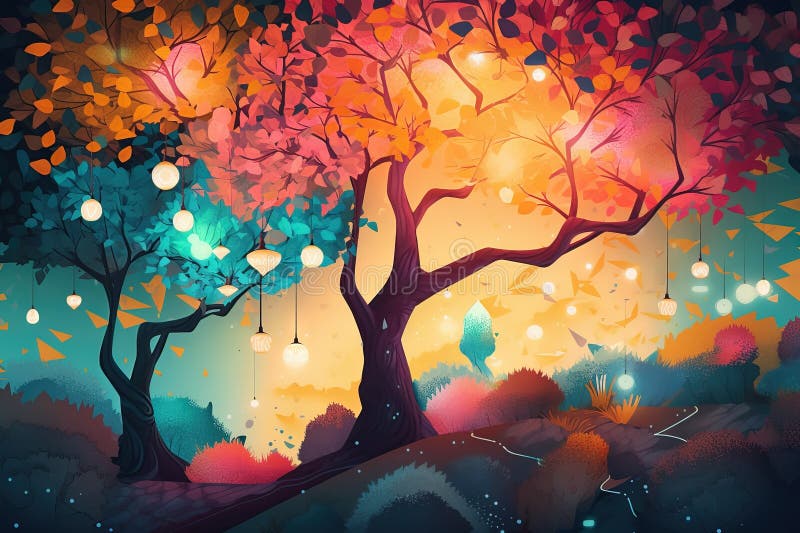 A Painting of a Tree with Lanterns Hanging from it S Branches Stock ...