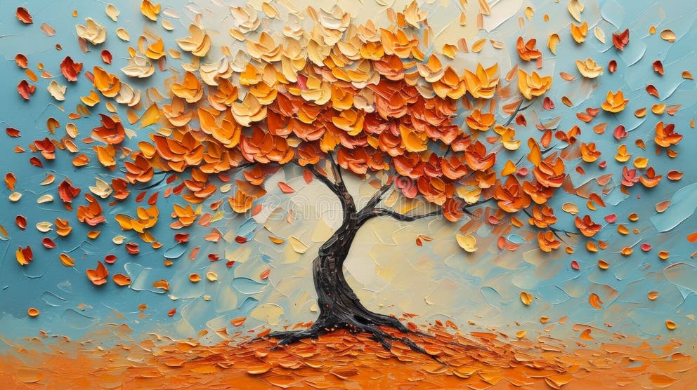 A Painting of a Tree with Leaves Falling Off it, AI Stock Image - Image ...