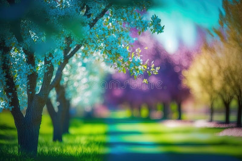 A Painting of a Tree Lined Path in a Green Park Stock Illustration ...