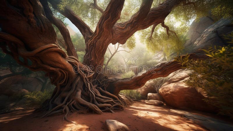 A Painting of a Tree in the Middle of a Forest Stock Illustration ...
