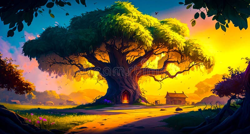 Painting of Tree in the Middle of Forest. Generative AI Stock Illustration - Illustration of ...