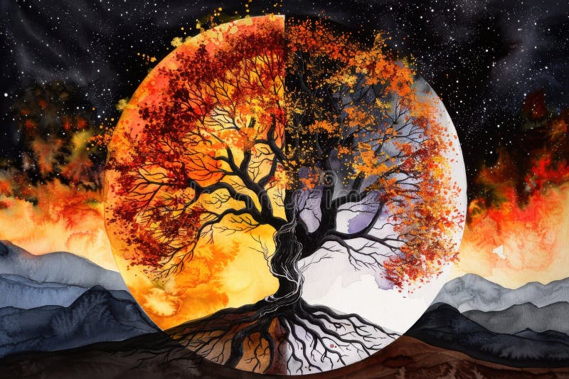 Seasonal Tree, Vibrant Tree with Split Seasonal Colors, Nature Art ...