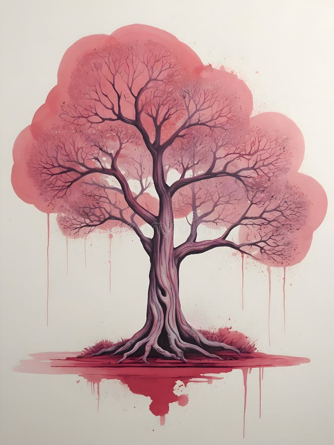 A Painting of a Tree with Pink Paint Dripping Down Its Bark Stock ...