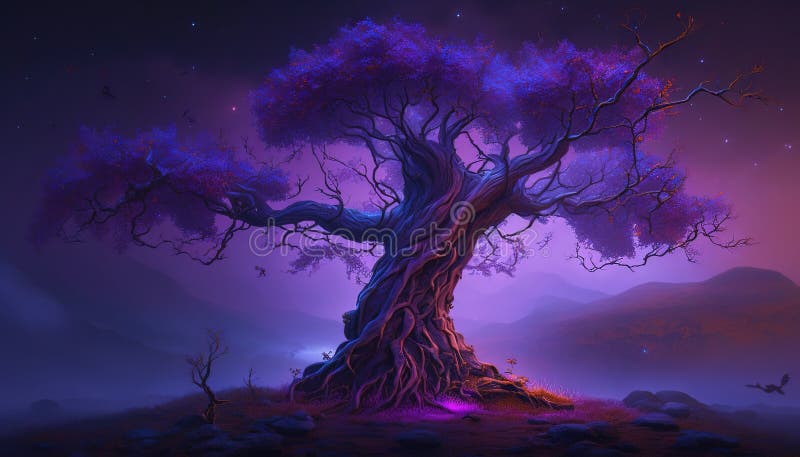 A Painting of a Tree with Purple Leaves and a Purple Sky Stock ...