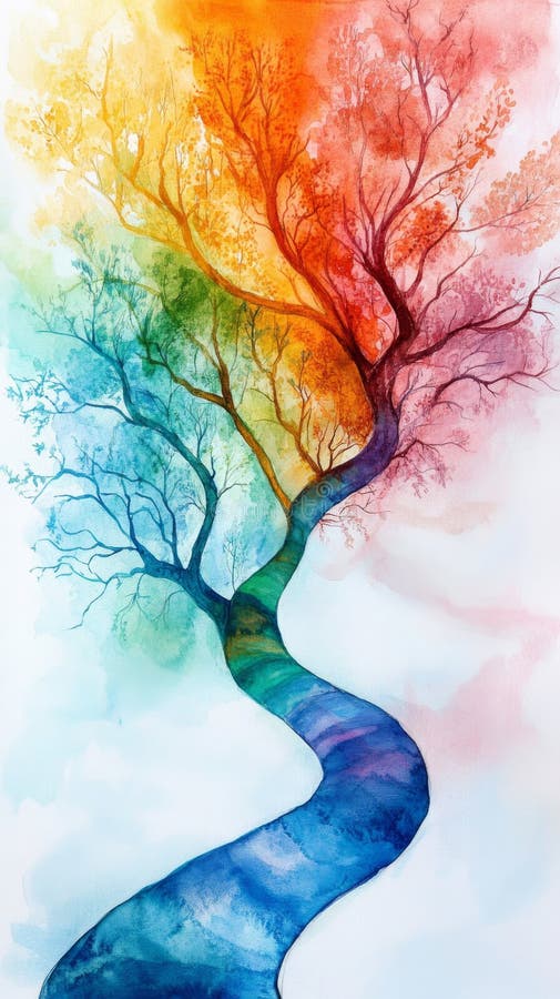 A Painting of a Tree with a Rainbow Colored Trunk Stock Illustration ...
