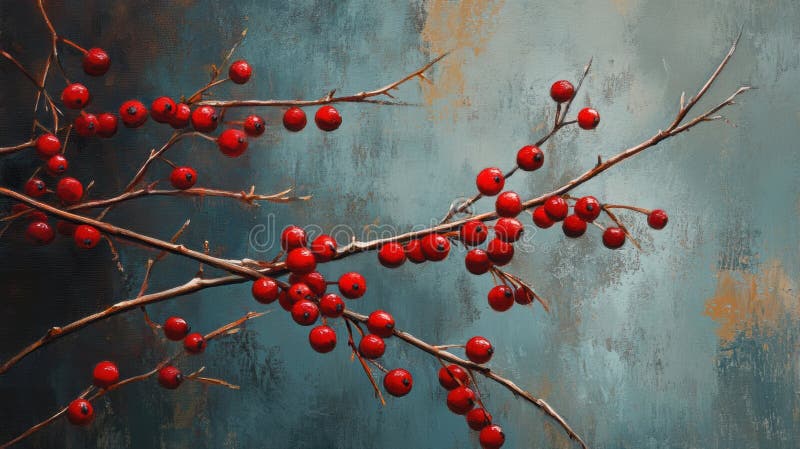 A Painting of a Tree with Red Berries on it S Branches, AI Stock Photo ...