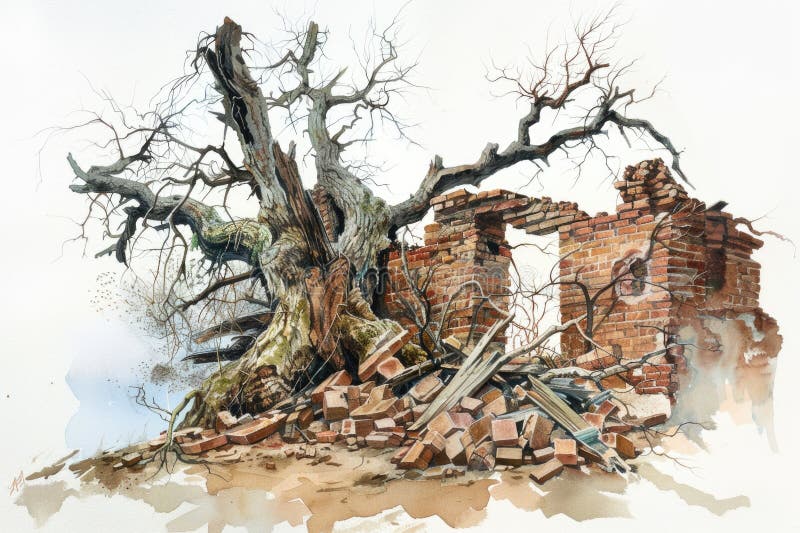 A Painting of a Tree in a Ruined Building, Suitable for Artistic ...