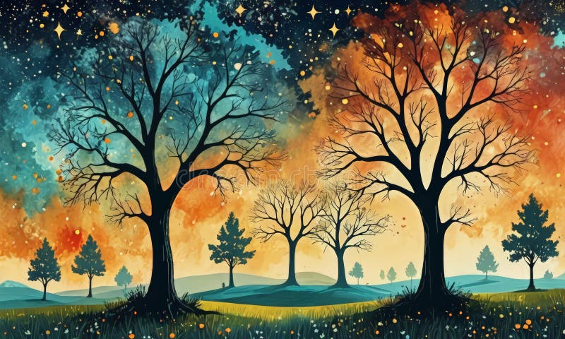 Painting Trees in the Night Sky Stock Illustration - Illustration of ...