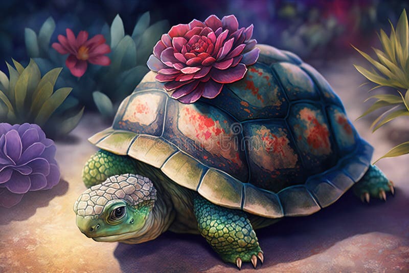 A Painting of a Turtle with a Flower on Its Head Stock Illustration ...