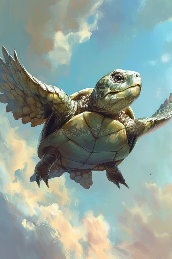 A Painting of a Turtle Flying in the Sky with Clouds, AI Stock Photo ...