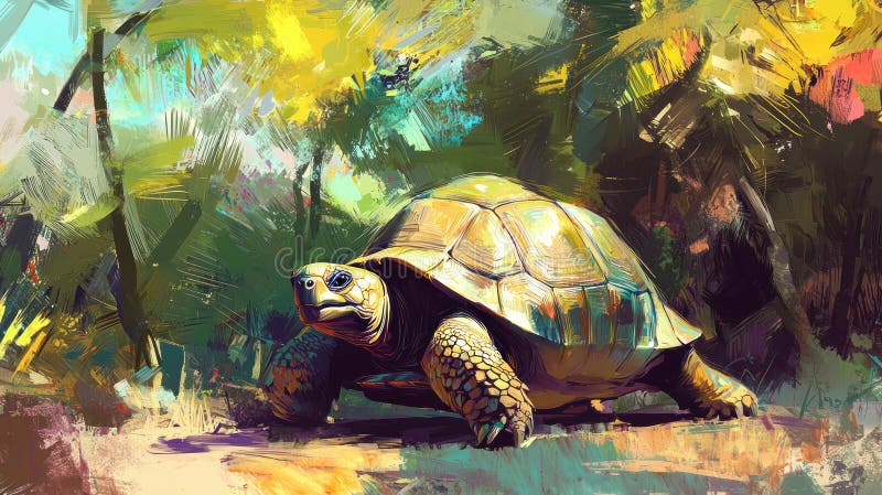 A Painting of a Turtle in a Tropical Forest Stock Illustration ...
