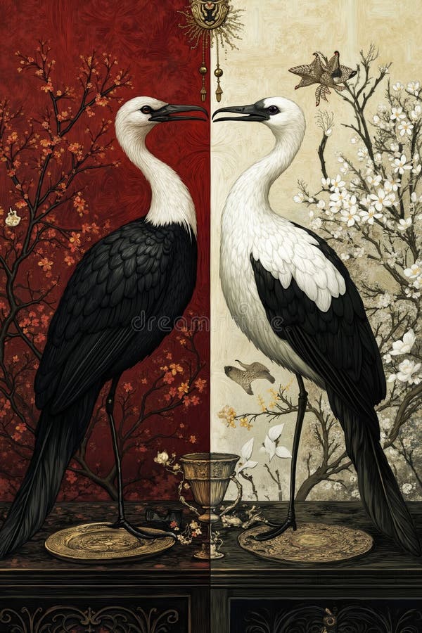 A Painting of Two Birds Standing Next To Each Other on a Table Stock ...