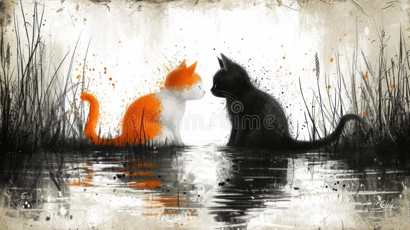 A Painting of Two Cats Sitting in a Pond with Water, AI Stock Photo ...