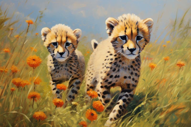 A Painting of Two Cheetahs in a Field of Flowers Stock Illustration ...