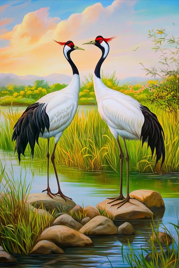 A Painting of Two Cranes Standing on a Rock in the Water Stock Image ...