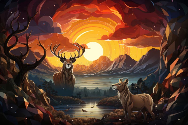 A Painting of Two Deer in Front of a Lake at Sunset Stock Illustration ...