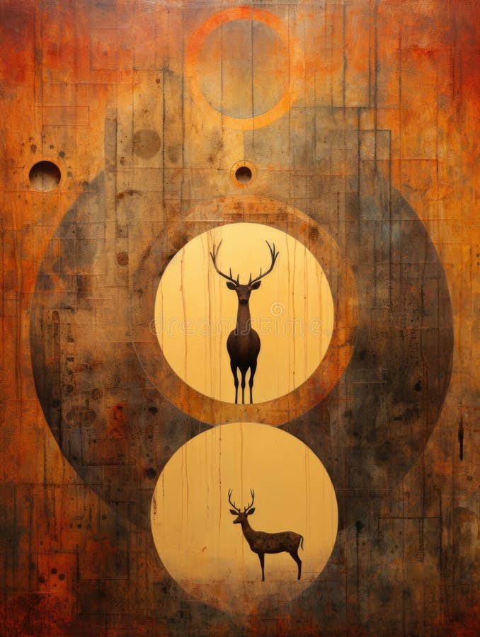 A Painting of Two Deer Standing in Front of a Circle, AI Stock ...