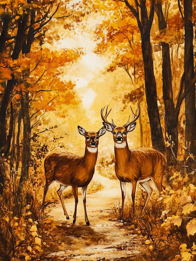 A Painting of Two Deer Standing in the Woods Stock Image - Image of ...