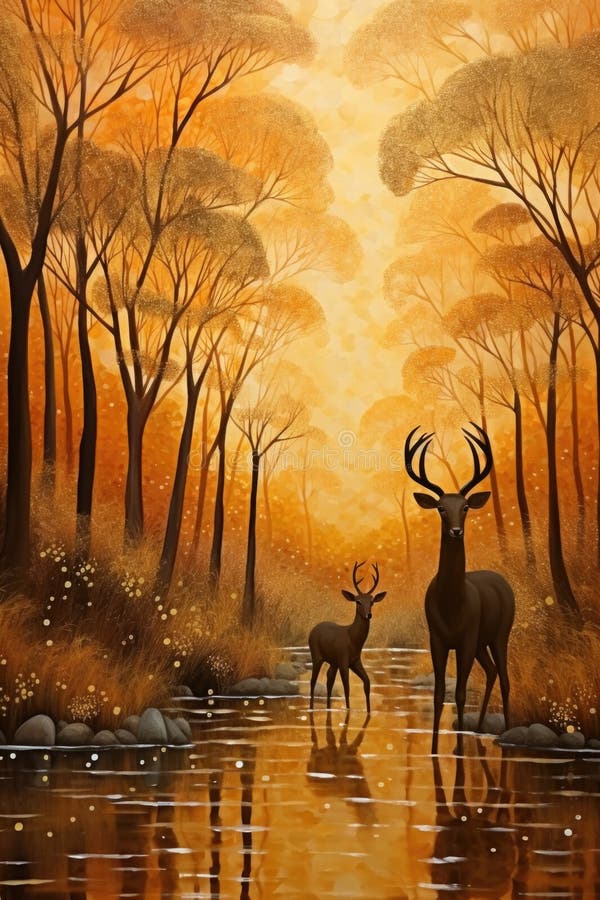 A Painting of Two Deer in the Woods at Sunset, AI Stock Illustration ...