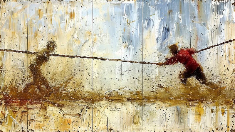 Painting of Two Figures Pulling a Rope in Mud Stock Illustration ...